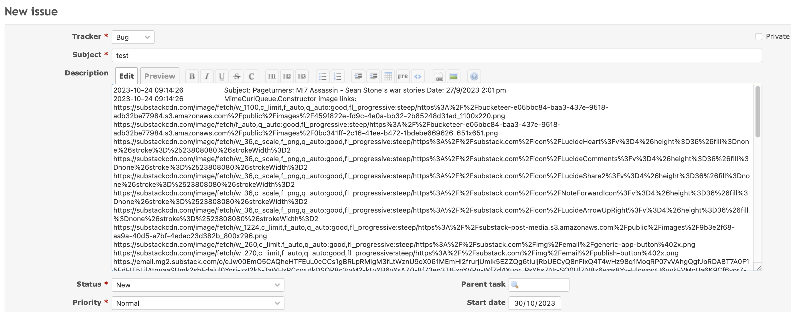 Internal error when creating a new issue - Redmine